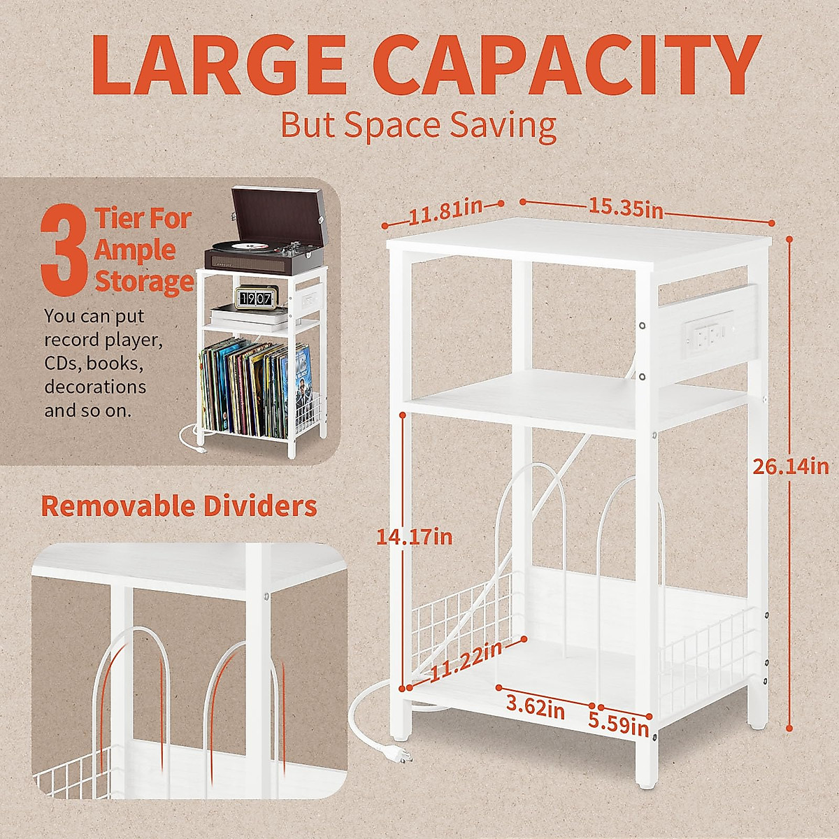 Yoobure Record Player Stand, 3-Tier White Side Table with Charging Station, Small End Table Nightstand with Vinyl Storage, Tall Beside Tables Turntable Stand for Album CD, Night Stand for Living Room
