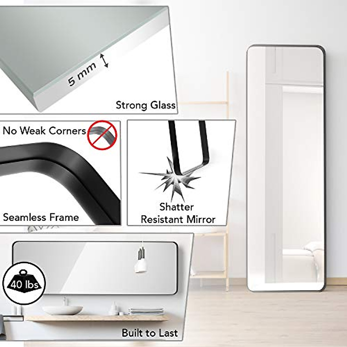 UPLAND OAKS Large Full Length Body Mirror for Floor & Wall in Bedroom - Metal Frame - Big & Tall Long Mirror for Leaning Size 65" x 21" (Black, Recessed)