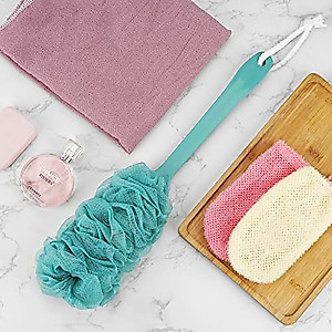 3 PCS Back Brush Long Handle for Shower, Loofah Back Scrubber with Soft Mesh for Body, Shower Brush with Lanyard for Men and Women, Exfoliating Body Scrubber (Blue, Pink, White)