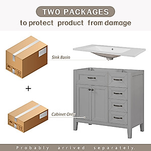 Tomkate 36" Bathroom Vanity with Sink Combo, Modern Freestanding Bathroom Vanities with 2 Doors and 3 Drawers, Bathroom Vanity Cabinet with Ceramic Sink for Bathroom, Grey
