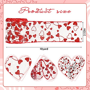 Valentine's Day Ribbons for Wreath Bows Wrapping Gifts, Organdy Heart Ribbons for Valentine's Day Wedding Decoration DIY Crafts, 2.48" X 10 Yards Wired Edge Burlap Ribbon
