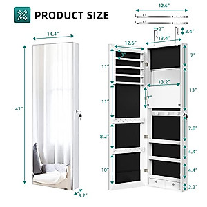 YITAHOME LEDs Jewelry Cabinet Wall Mounted, 47.2" H Jewelry Armoire Over door with Mirror Space Saving Jewelry Storage Organizer, 2 Drawers, Foldable Makeup Shelf, White