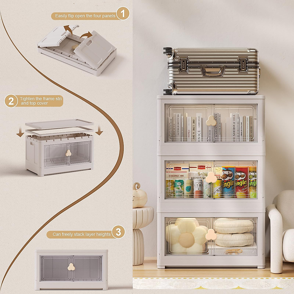 Stranthother 80 Gallon Large Storage Bins with Lids,Collapsible Plastic Storage Bins,Stackable Closet Organizer with Double Doors & Wheel,Folding Storage Cabinet Container Clothes Organizer,3 Pack