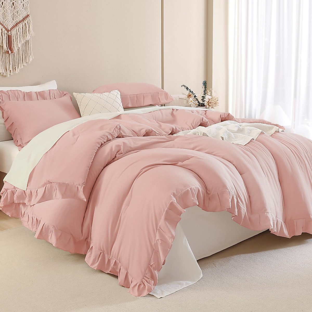 Andency Blush Pink Ruffle Comforter Queen, 3 Pieces Rustic Farmhouse Shabby Chic Comforter, All Season Soft Microfiber Down Alternative Bedding Comforter Set