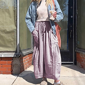 MaLinfandor Women's Oversized Loose Pants Cotton Linen Wide Leg Elastic Waist Relax Fit Bloomers Trousers with Pockets(Light Purple,XL)