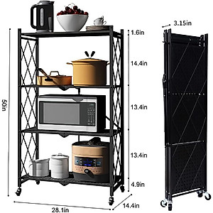 4-Shelf General Purpose Collapsible/Foldable Shelving Unit, Sturdy Storage Rack with Caster Wheels. 4-Tier Organizer, Laundry/kitchen storage shelves, Heavy Duty Metal Frame, No Assemble Needed, White
