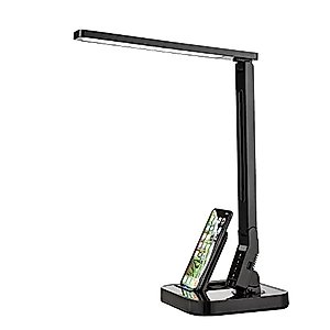Fugetek LED Desk Table Lamp, 14W, 530 Lumens, Wireless Charger & USB Charging Port, Dimmable Eye-Caring, 5 Brightness & 4 Light Modes, Adjustable Arms, Touch Control, Auto Sleep Timer