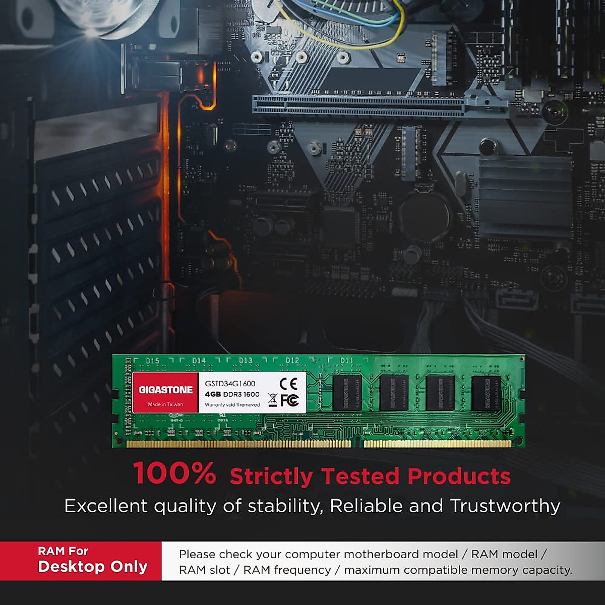 【DDR3 RAM】 GIGASTONE 16GB Kit (4x4GB) DDR3/DDR3L 1600MHz (1333MHz) PC3-12800 (PC3-10600) CL11 1.35V/1.5V 2Rx8 UDIMM 240 Pin Unbuffered Non ECC High Performance PC Desktop Memory Upgrade