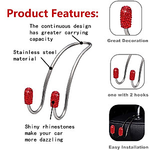 Bling Car Seat Hooks, Rhinestone Universal Organizer Hooks Car Headrest Hangers Hooks, Bag Organizers Rack and Hanger, Strong and Durable Auto Backseat Storage Hooks (B-Red)