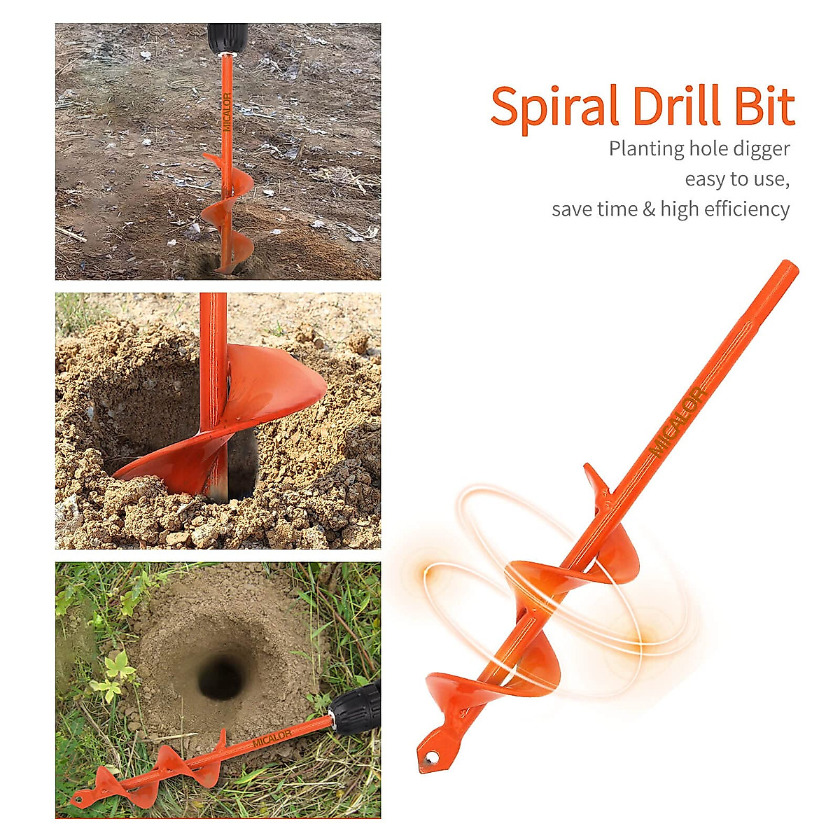 MICALOR Auger Drill Bit for Planting Set of 4, Garden Ground Earth Spiral Drill Bit for 3/8" Hex Drive Drill, Easy Bulb Auger for Post Hole Digger Flowers