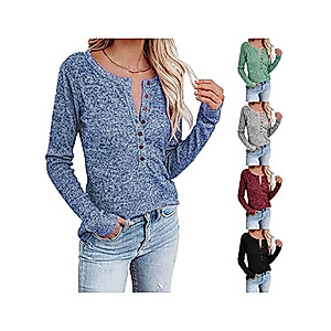 Women's Long Sleeve Henley Tops Pullover V Neck Button Loose Casual T Shirts (Small, Red Wine)
