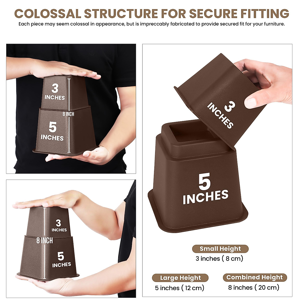 Utopia Bedding Adjustable Bed Furniture Risers - Elevation in Heights 3, 5 or 8 Inch Heavy Duty Risers for Beds and Under Bed Storage - Supports up to 1,300 lbs - (Set of 4 Riser, Brown)