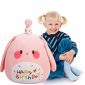 ARELUX Large 18in Cute Bunny Cuddle Plush Soft Bunny Stuffed Animal Birthday Pillow Kids Huggable Rabbit Plushie Toy Big Size Happy Birthday Party Decoration Plushies Gift for Friends Boys Girls Pink