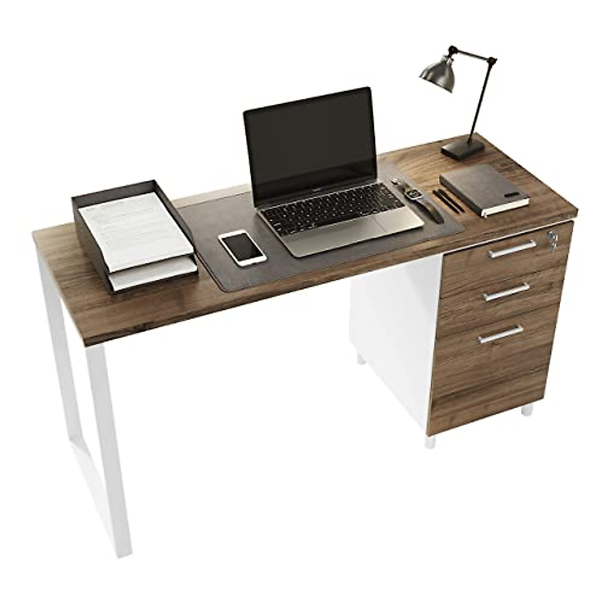 Milano Home Office Desk - 47Inch Cass Walnut/White Home Office Desk with Drawers - Modern Computer Desk with Storage, Detachable & Lockable Computer Cabinet - Wooden Office, Study, and Writing Table