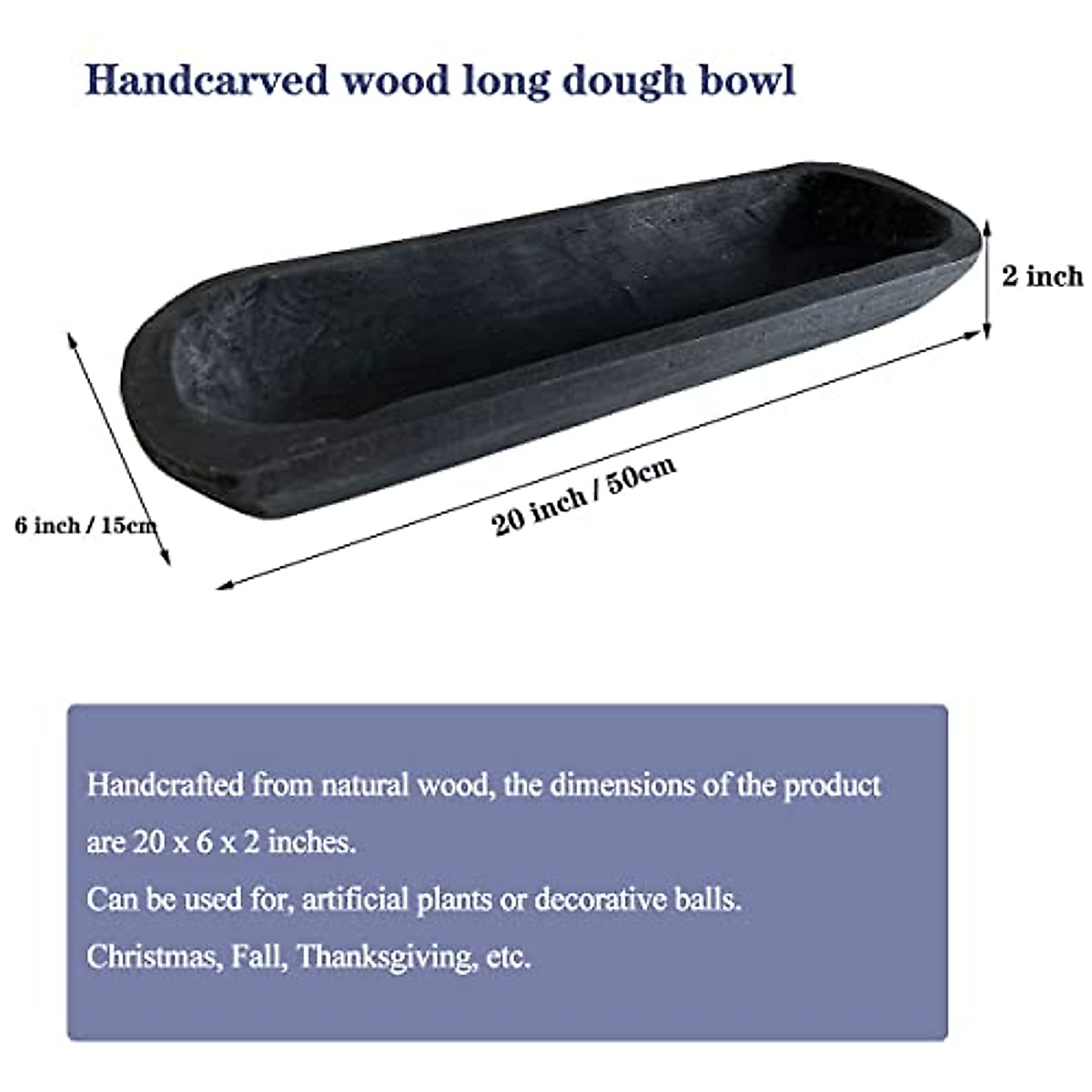 Wooden Dough Bowls Decorative，Rustic Bread Long Bowls Decor Wood Tray, Hand Carved For Table Centerpiece Decor, Home Decor (20 * 6 * 2 inch Black)