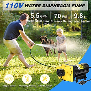 YOMILINK Fully Self-priming Water Pump, 110V 5.5 GPM 70 PSI, Automatic On-Demand Diaphragm Pump, for Kitchen, Bathroom RV, Marine Yacht, Lawn Garden, House, Fish Tanks, Small Fountains, Rain Barrels
