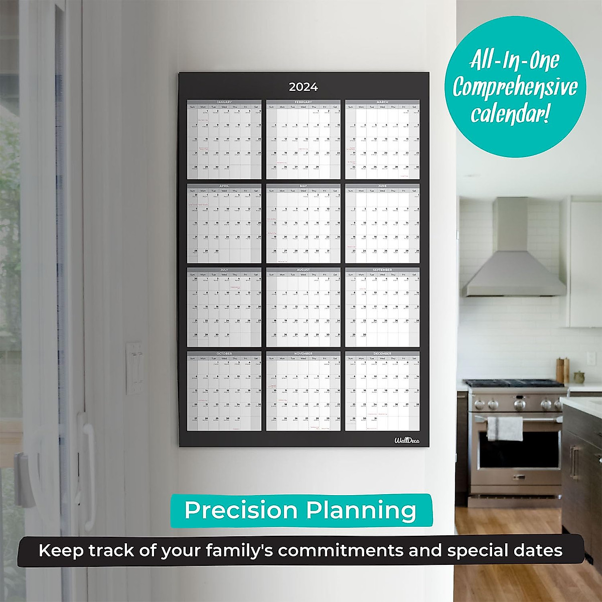 WallDeca Large Dry Erase Calendar for Wall - 2024 Wall Calendar Dry Erase Monthly Yearly Planner - Laminated White Board Calendar Sheet - Horizontal/Vertical Layout - 24" x 36" Dry Erase Wall Calendar