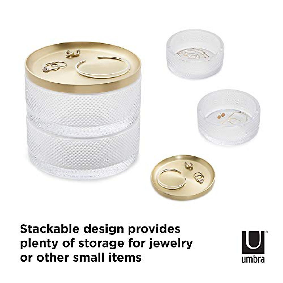 Umbra Tesora Jewelry Organizer, Two-Tier Storage Box with Removable Lid, Glass/Brass