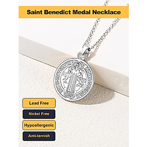 U7 Men Women St Benedict Necklace 925 Sterling Silver Round Medal Protect Saint Nursia Benedict Pendant and Chain 18 Inch