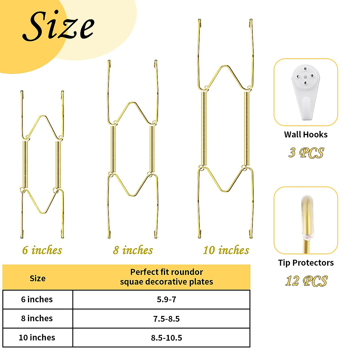 COIDEA 3 Pieces Plate Hangers for Wall, 6 8 10 Inch Plate Hangers, Stainless Steel Invisible Wire Plate Holder with 3 Pack Wall Hooks, Compatible 5 to 10.5" Decorative Antique Plates and Arts