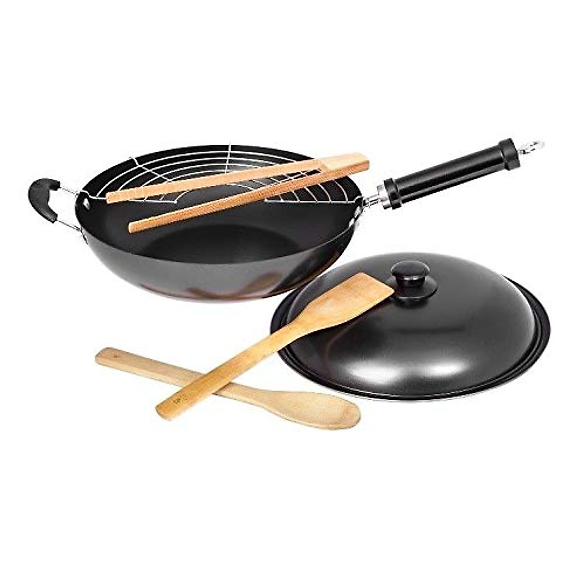 Imperial Home Carbon Steel Wok Frying Pan Set for Stir Fry & Everyday Cooking, Nonstick, Kitchen Cookware with Heat Resistant Handle, For All Stove Types, Includes Lid, Grill, Spatula, Spoon & Tongs