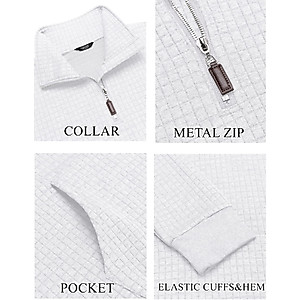 COOFANDY Men Quarter Zip Sweatshirt Long Sleeve Plaid Jacquard Pullover with Kangaroo Pokcet White