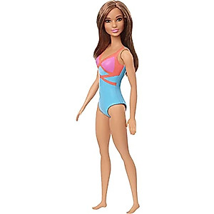 Barbie Doll, Brunette, Wearing Blue, Pink and Orange Swimsuit, for Kids 3 to 7 Years Old