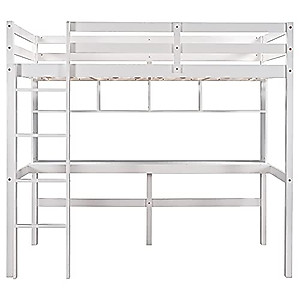 DEYOBED Twin Size Wooden Loft Bed Frame with Desk, Shelves for Kids Teens Adults