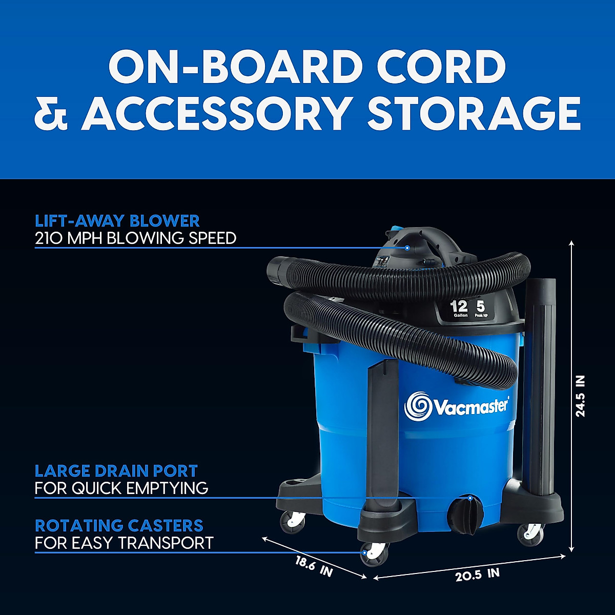 Vacmaster Blue Line 12-Gallon* 5 Peak HP† Wet/Dry Vacuum with Detachable Blower VBV1210