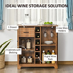 HOMCOM Retro Wine Cabinet for 6 Bottles, Wine Rack Sideboard Serving Bar with Glass Holders and 1 Drawer, Brown