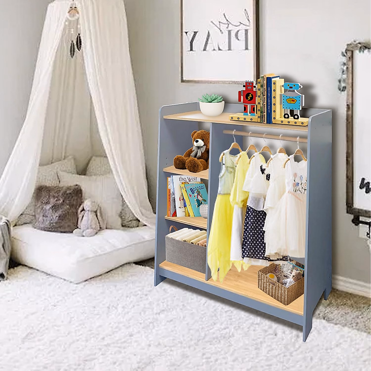 Kids' Armoires & Dressers, Kids Dress Up Storage, Open Hanging Armoire, Baby Dresser, Kids Wardrobe, Toddler Dress Up Rack, Organizer, Clothes Rack for Girls, Closet for Baby Clothes, Bedroom (Grey)