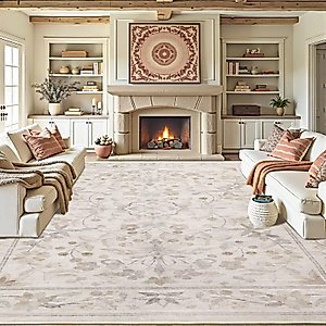 Area Rugs 8x10 for Living Room, Ultra-Thin Beige Vintage Large Floral Washable Rug Soft Non-Slip Backing Floor Mat Carpet Indoor Thin Rug for Bedroom Dining Room Playroom Office Home Decor