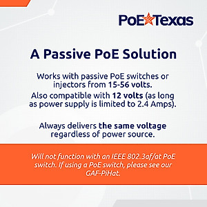 PoE Texas Raspberry Pi PoE Hat - Power Over Ethernet PiHat Fits Raspberry Pi 3 B+ and Pi 4 - Slim, Sleek, Compact, Heat Sink, Fanless - Works with 15 to 56 Volt Passive Network Switch or Injector