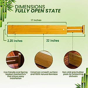 Expandable Bamboo Drawer Dividers 8 pack(17.5"-22")Drawer Organizer for Kitchen Organization,Clothes,Utensils,Silverware,Dressers,Office,Desk,Bathroom,Bedroom,Spring Loaded Adjustable Deep Separators