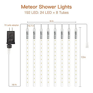 Meteor Shower Rain Lights, 19Ft 8 Tube 192 LEDs Christmas Lights Icicles, Icicle Lights Outdoor for Christmas Trees, Christmas Decoration Lights for Patio Garden Lawn Outdoor Christmas Lights