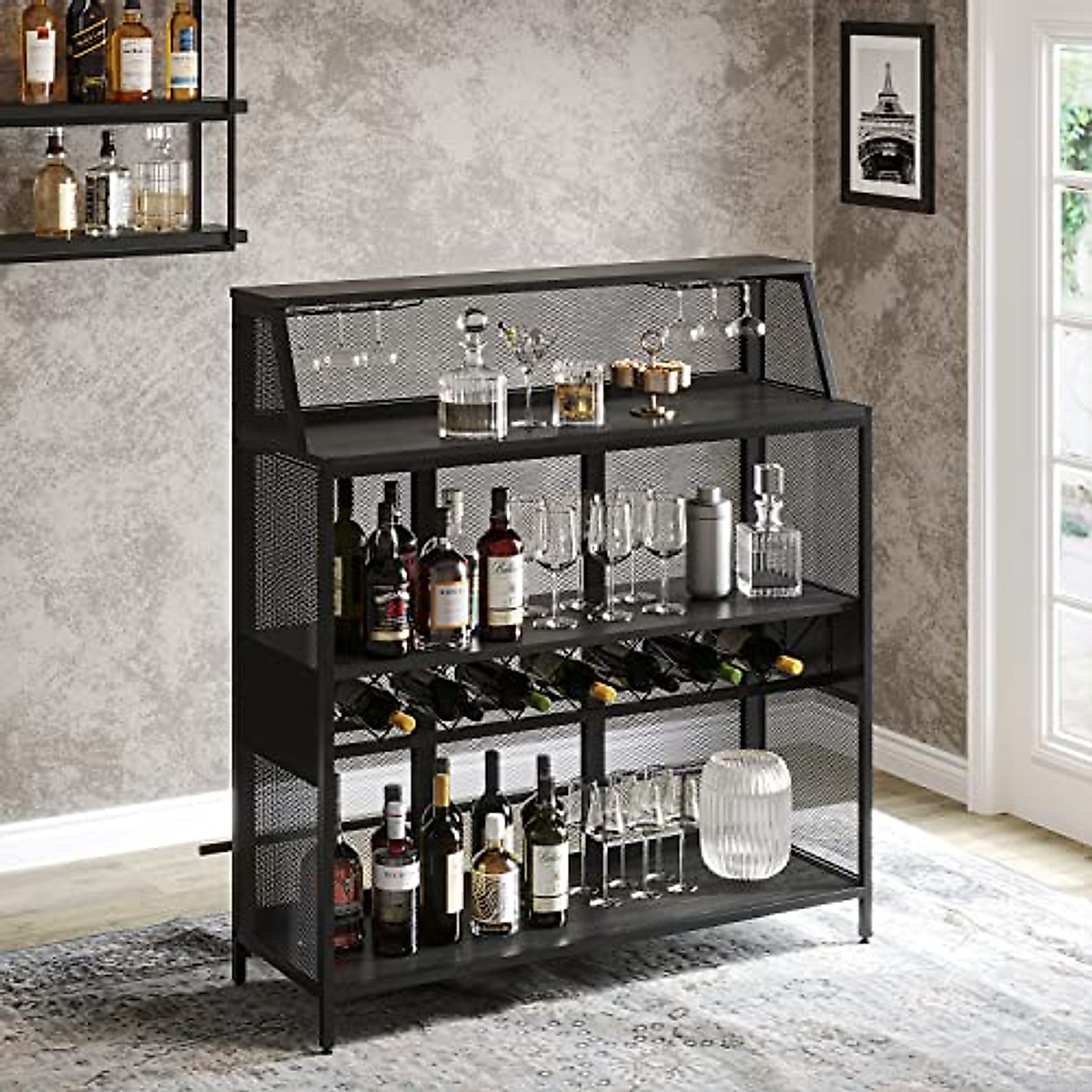 REHOOPEX Home Bar, 4 Tier Industrial 51in Bar Cabinet, Farmhouse Liquor Cabinet with Footrest, Wood Bar Cabinet Wine Storage Shelf, Metal Buffet Cabinet for Home, Kitchen, Pub (Black)