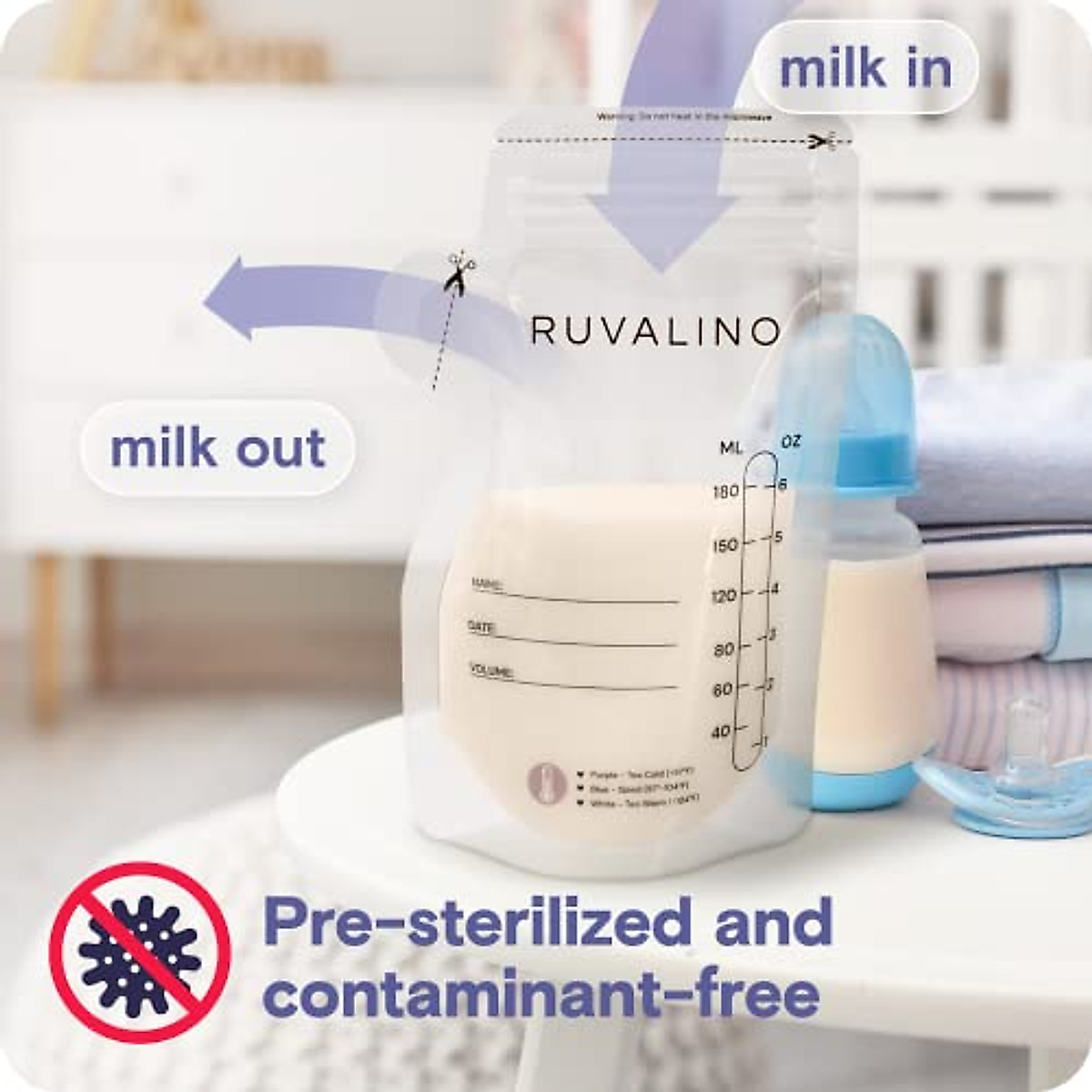 Breastmilk Storage Bag, RUVALINO Breastfeeding Essentials Breast Milk Storage Bags for Freezer, 150 Count, Temp-Sense Spot, Easy Pour Spout, Hygienically Double-Sealed, Self Standing&Lay Flat, 6 Oz