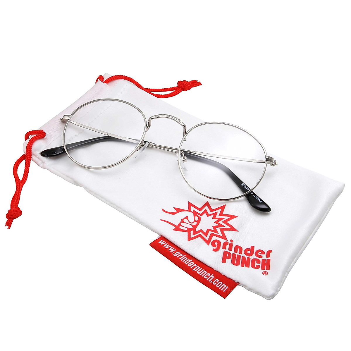 grinderPUNCH Retro Round Clear Lens Glasses Metal Frame - Silver