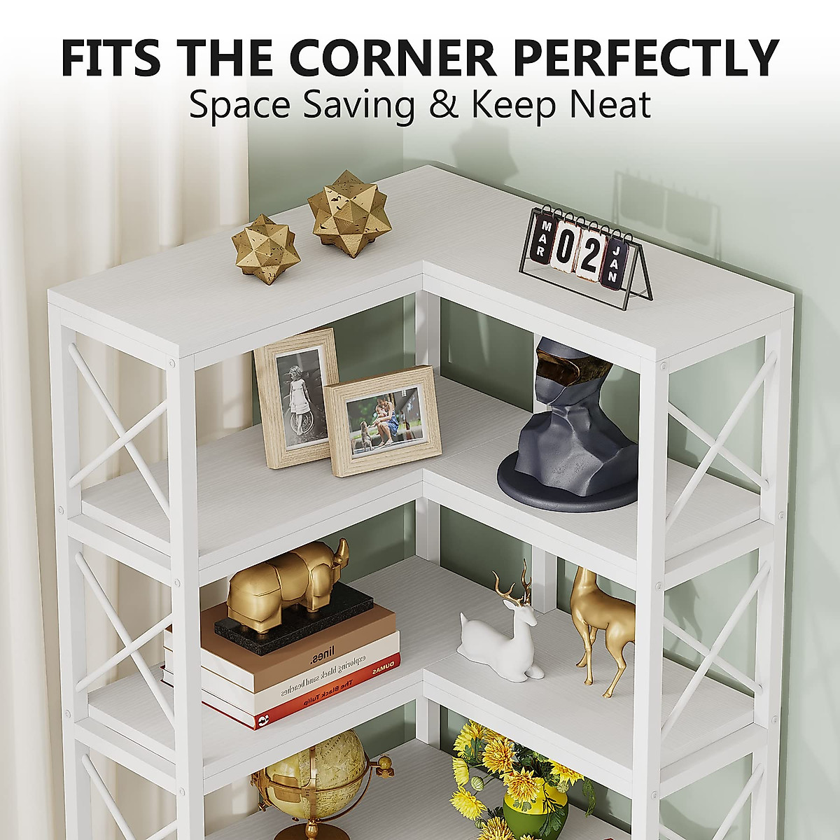 Tribesigns 7-Shelf Corner Bookshelf,Large Modern Corner Bookcase, 7-Tier Tall Corner Shelf Storage Display Rack with Metal Frame for Living Room Home Office (White)