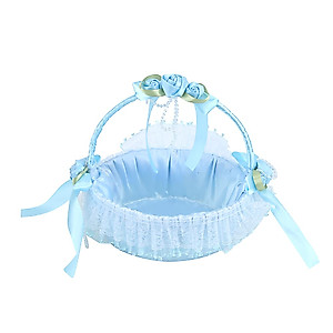 Flower Girl Basket, Cute Handle Flower Girl Basket, Wedding Flower Girl Baskets, Bridal Flower Basket, Flowers Bouquet for Wedding Party Banquet, Wedding Party Decoration (Blue)