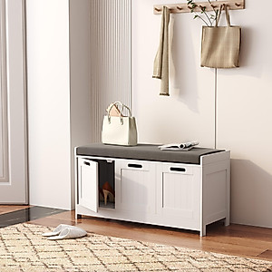 HOMEFORT Shoe Storage Bench, Wooden Shoe Bench with 3-Door Cabinets, Entry Way Home Organizer Bench, Entryway Bench with Padded Cushion Seat, White Storage Bench for Bedroom