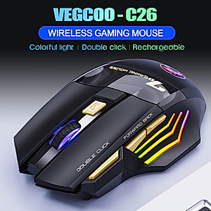 VEGCOO Wireless Gaming Mouse, Rechargeable Silent Wireless Mouse with 4800 DPI Adjustable,Double Click Key, Colorful RGB Lights, Computer Mice with Thumb Rest for PC/Mac Gamer (C26 Black)