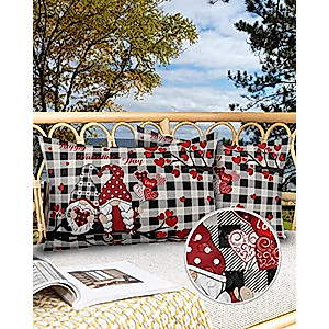 LEOSUCRE Pack of 2 Waterproof Decorative Pillow Covers, Valentines Day Plaid Throw Pillow Covers Rectangle Pillowcases Cushion Covers for Couch Patio Garden 20x12 Inch Love Gnome Tree Black and White