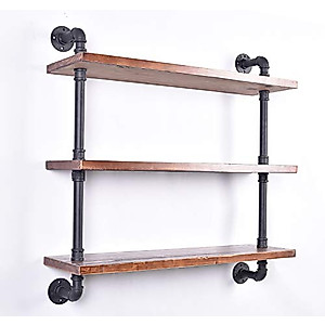 Diwhy Industrial Pipe Shelving Bookshelf Rustic Modern Wood Ladder Storage Shelf 3 Tiers Retro Wall Mount Pipe Design DIY Shelving (Black, L 36")