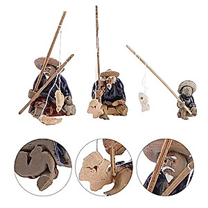 YARNOW 3Pcs Mini Fisherman Figurines Ceramics Chinese Mudman Sitting Fishing Garden Statue Ornament for Fish Tank Micro Landscape Bonsai Fairy Garden Decorations,3.5x3cm