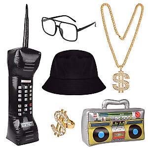 Hotusi Hip Hop Costume Kit, Bucket Hat Sunglasses Inflatable Boom Box Phone Dollar Sign Gold Chain 80/90s Party Supplies Cosplay Props