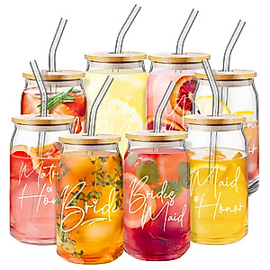 Inbagi 8 Pcs Bridesmaid Gifts Iced Coffee Cup with Bamboo Lids and Glass Straw 16 oz Mason Jar Cups Bride Can Shaped Drinking Glasses Cute Tumbler Cup Bridal Shower, Bachelorette Party Supplies