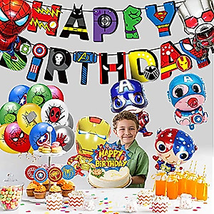 Superhero Party Supplies,Avengers Birthday Decoration-Superhero Birthday Party Banner,Superhero Balloons,Toppers Cake Toppers,6 Pcs Avengers Large Foil Balloons for Kid's boy Themem Party(44PCS)