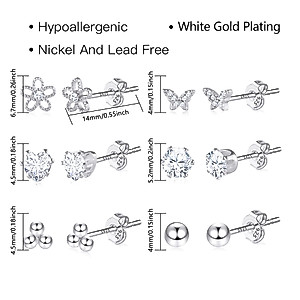 6 Pairs White Gold Small Stud Earrings Set,Dainty Hypoallergenic Cubic Zirconia Sterling Silver Cartilage Post Earring Tiny Ball Heart Butterfly Flower Stud Earrings for Women