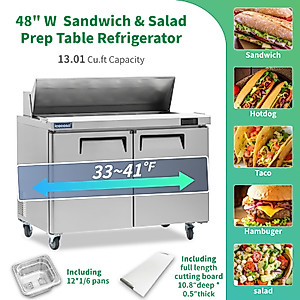ICECASA 48" W Commercial Refrigerator Sandwich&Salad Prep Table 2 Door Stainless Steel Counter Fan Cooling Refrigerator with 12 pans-48 Inches for Restaurant, Bar, Shop, etc